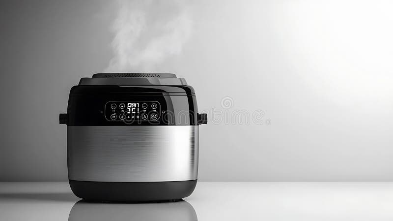 A Silver and Black Pressure Cooker with a Digital Display on the Front ...