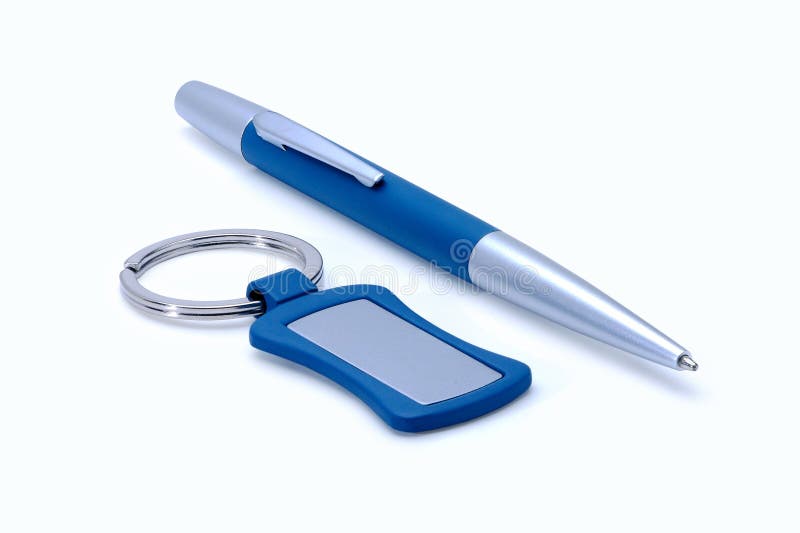 Silver-blue Metal Pen and Keychain on White Stock Image - Image of ...