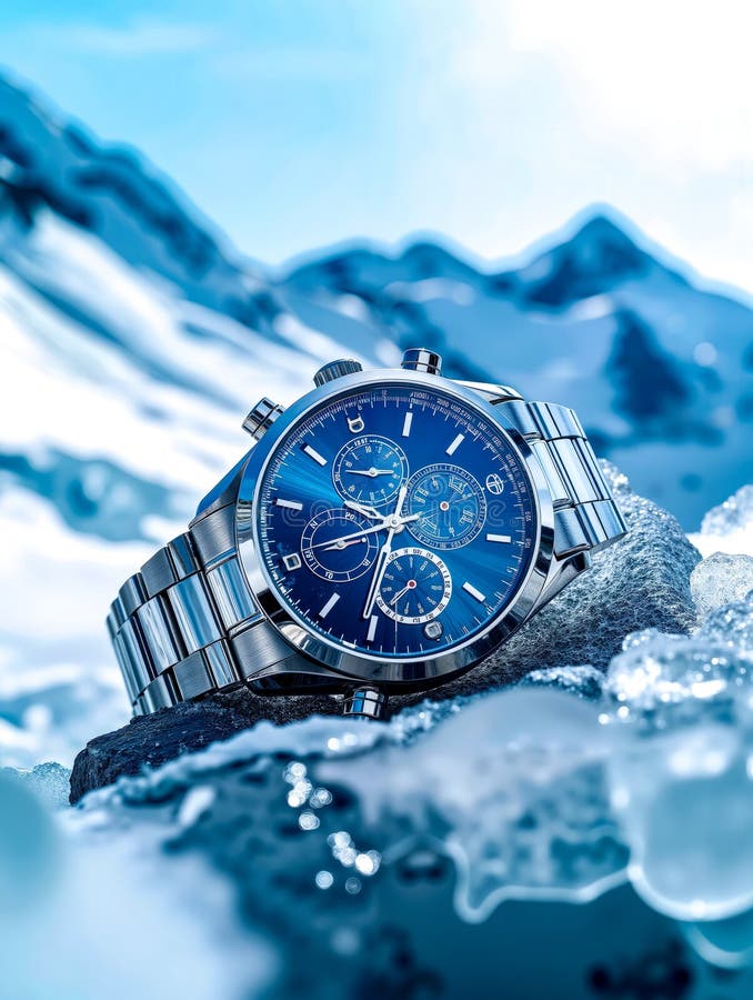 A Silver and Blue Watch Sitting on Top of a Rock in the Snow Stock ...