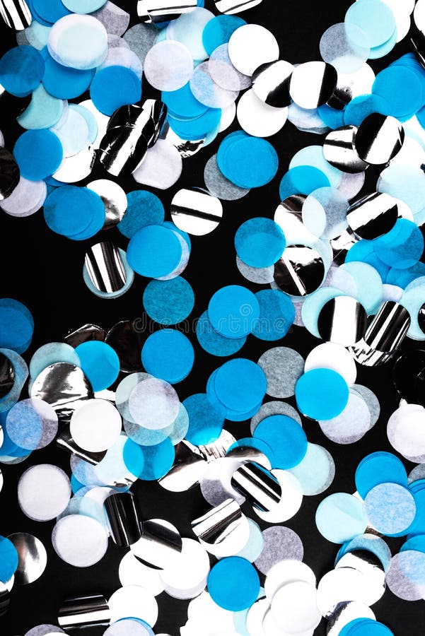 Silver, Blue and White Confetti on Black Background. Stock Photo ...