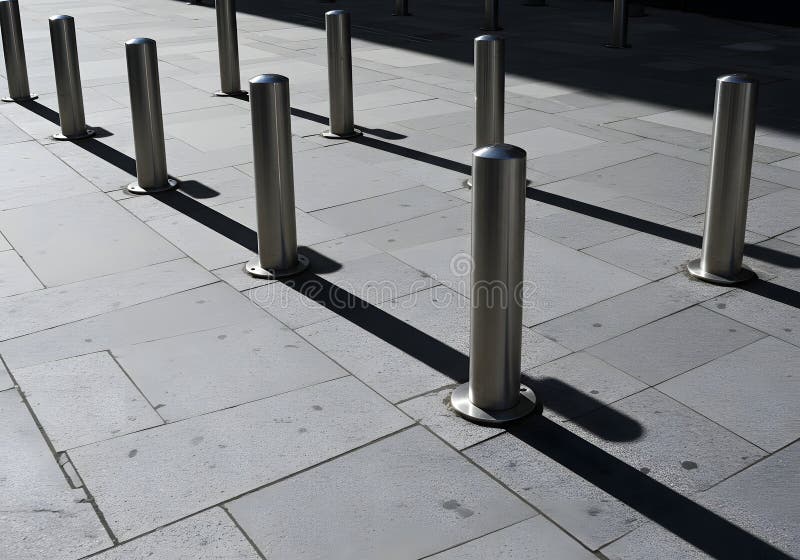 Bollards and Shadow stock image. Image of sidewalk, tiles - 381816643