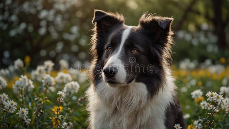 Silver Border Collie Dog Posing Outdoors in Spring Flowers Bush. Stock ...