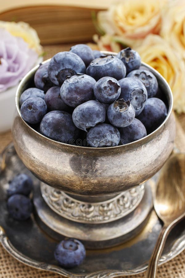 Silver bowl of blueberries stock photo. Image of garden - 42342554
