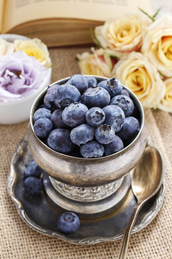 Silver bowl of blueberries stock photo. Image of colors - 42342556