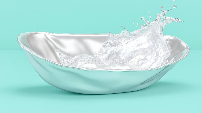 Silver Bowl with Splashing Water on a Bright Aqua Background Stock ...