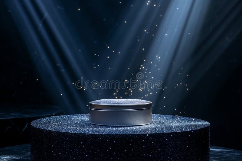 Silver Box on a Round Table Under a Spotlight on a Dark Navy Background ...
