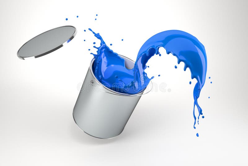 Silver Bucket Full of Vibrant Blue Paint, Jumping with Paint Splashing ...