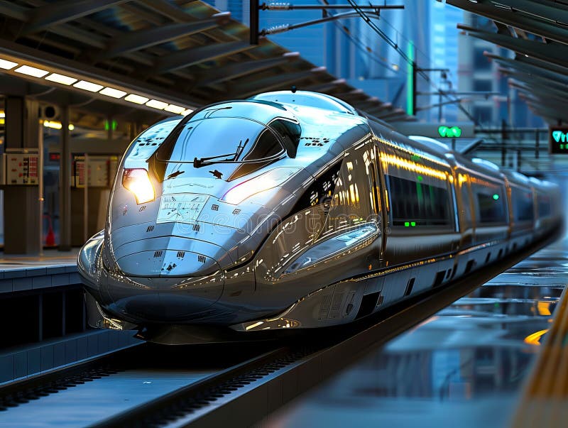 A Silver Bullet Train Traveling through a Train Station Stock Image ...