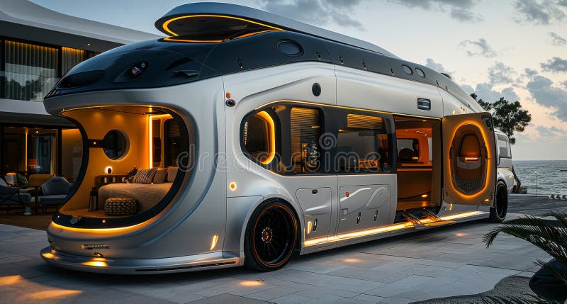 A Silver Bus with a Yellow Interior and a Large Window. the Bus is ...