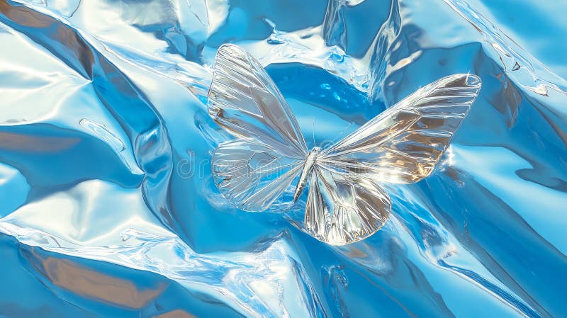 A Silver Butterfly Sitting on Top of a Blue Sheet of Ice Stock Photo ...