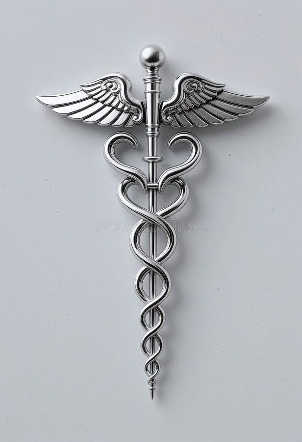 Silver Caduceus Symbol with Intertwined Snakes and Wings on a White ...