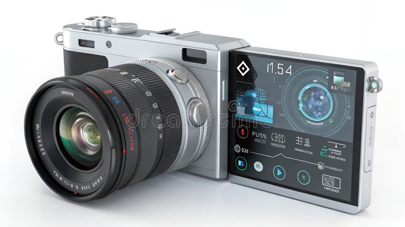 Silver Camera with Lens and Digital Display Screen Stock Illustration ...
