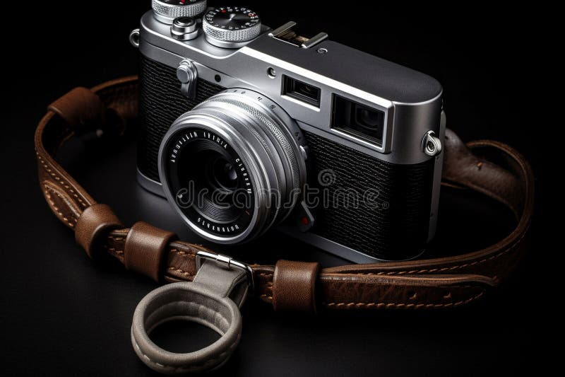 Silver Camera with Strap on Black Surface, Ai Artwork Stock ...