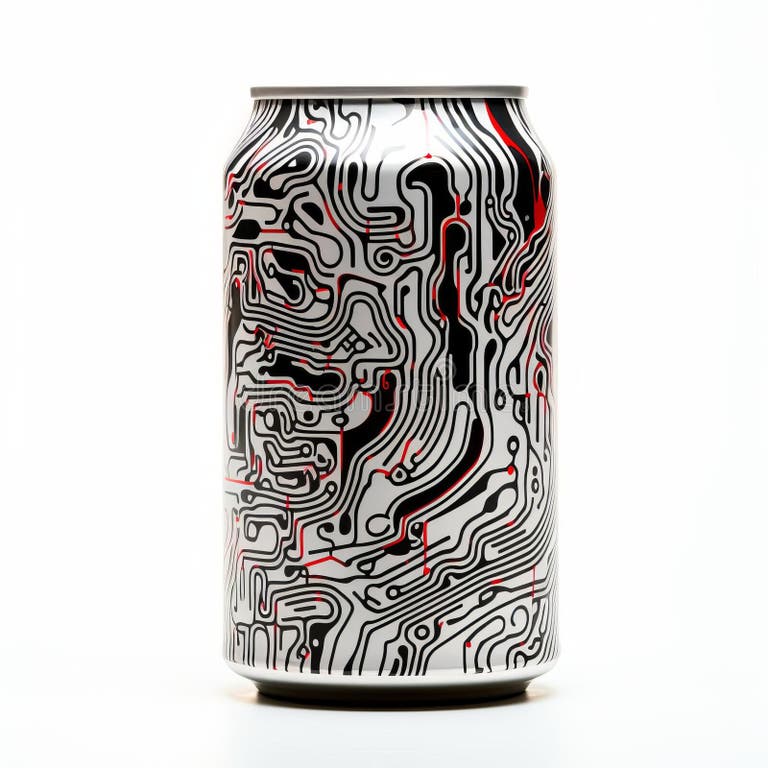 Silver Can with Striking Black and Red Topographic Map Design Stock ...