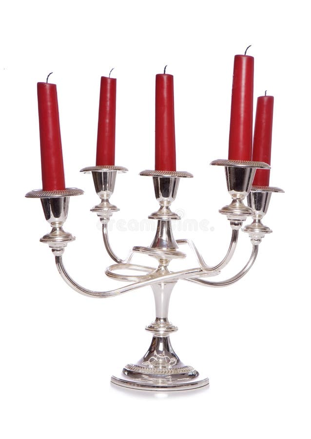 Silver Candelabra with Red Candles Cut Out Stock Image - Image of five ...