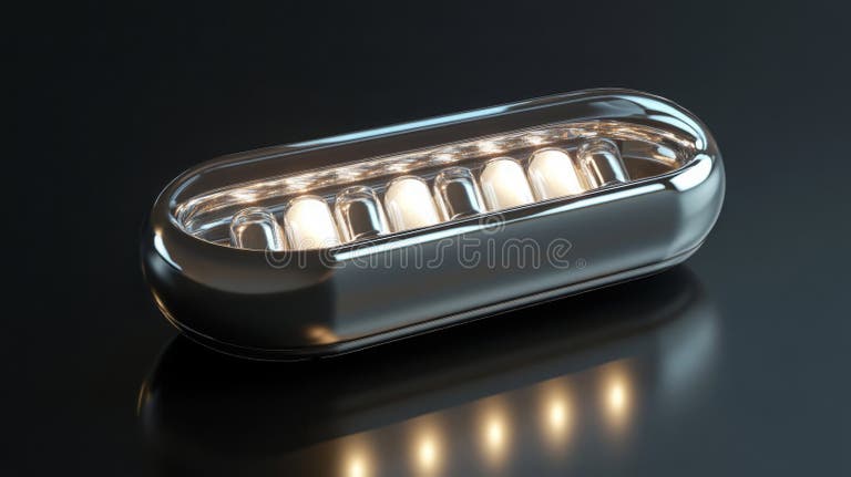 A Silver Capsule with Six Glowing Lights Sits on a Black Surface Stock ...