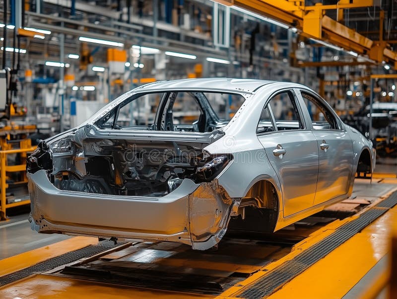 Silver Car Body in Factory, Showcasing Assembly Line Process and Modern ...