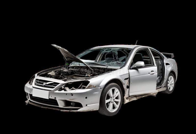 A Silver Car with a Damaged Body and Open Hood Showcasing the Engine in ...