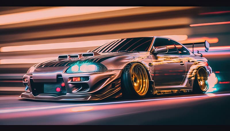 A Silver Car Driving Down a Street Next To a Building. Stock ...