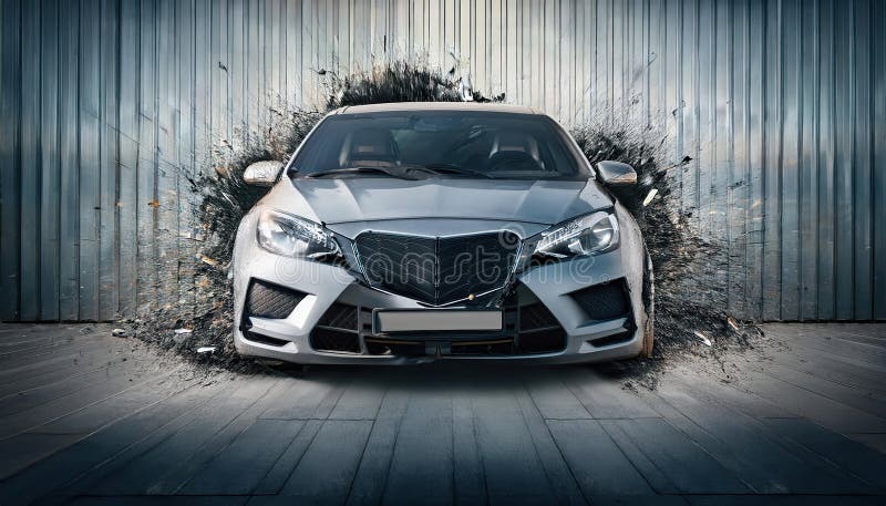 Silver Car Crashes through a Horizontal Metal Wall Leaving Debris and ...