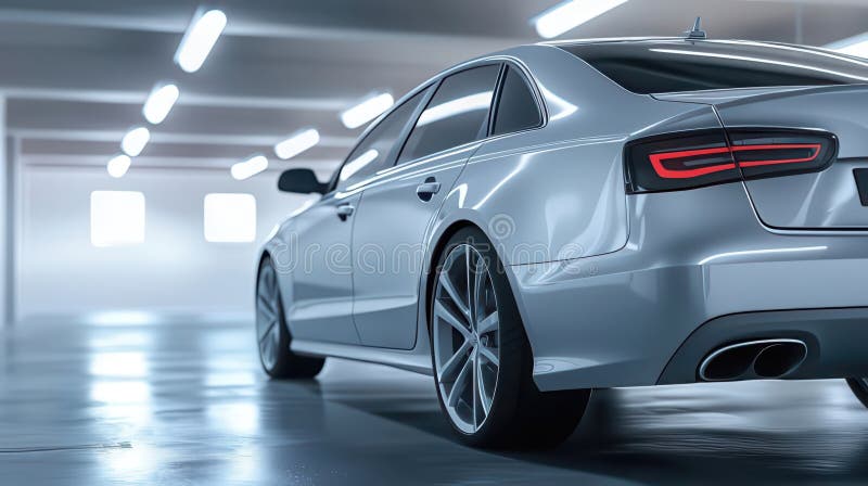 Silver Car Parked in Underground Garage with Lights Reflecting Stock ...