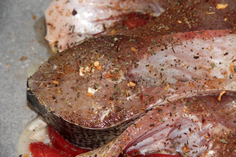 Silver Carp Fish Fillet with Spices and Red Pepper Stock Image - Image ...