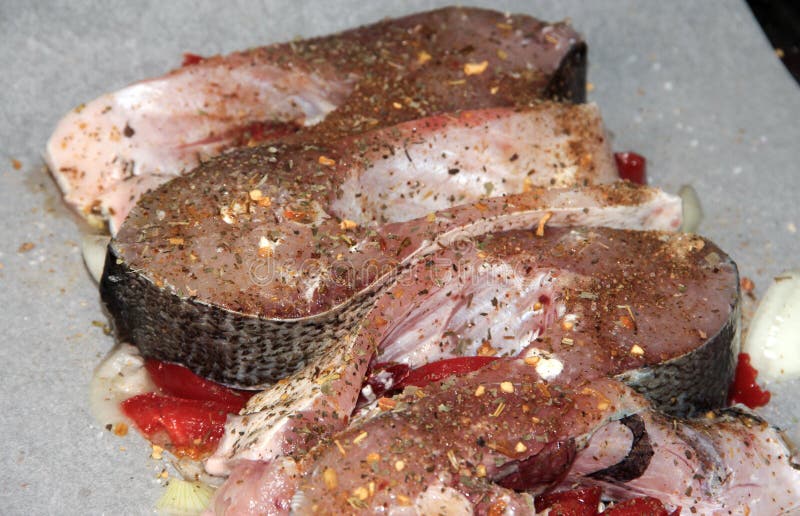 Silver Carp Fish Fillet with Spices and Red Pepper Stock Image - Image ...