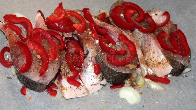 Silver Carp Fish Fillet with Spices and Red Pepper Stock Photo - Image ...
