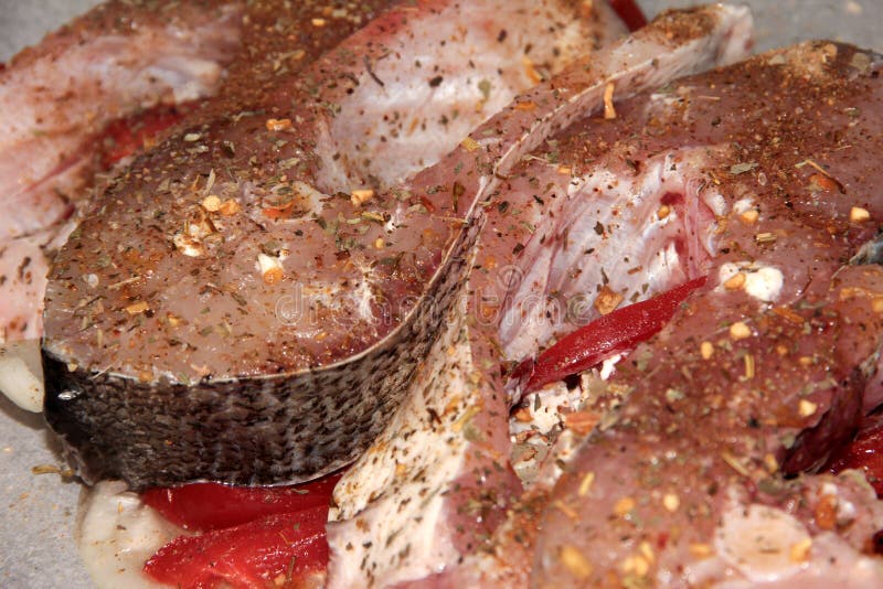 Silver Carp Fish Fillet with Spices and Red Pepper Stock Photo - Image ...