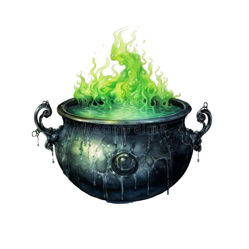 A Silver Cauldron with Green Liquid and Flames Stock Photo ...