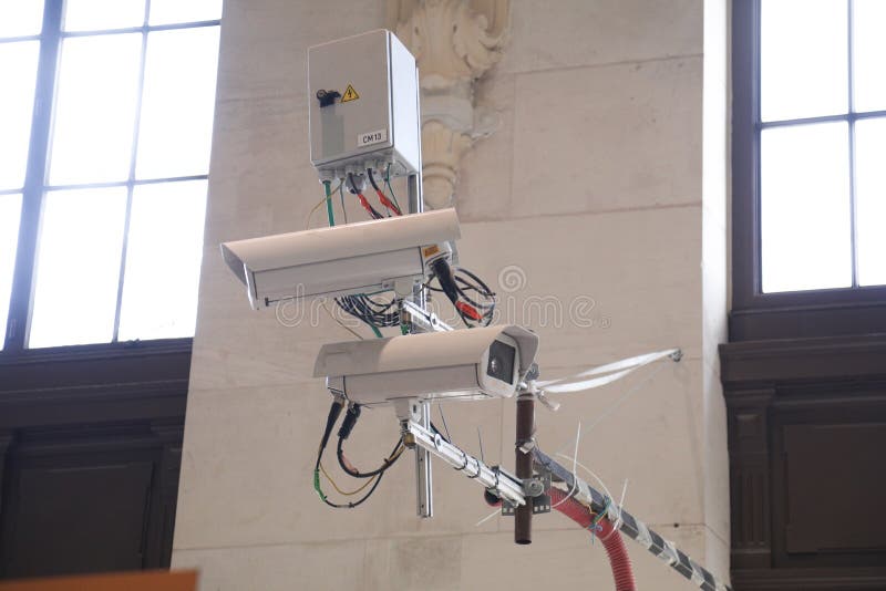 Silver CCTV Camera. Protection Security System Watching People Stock ...
