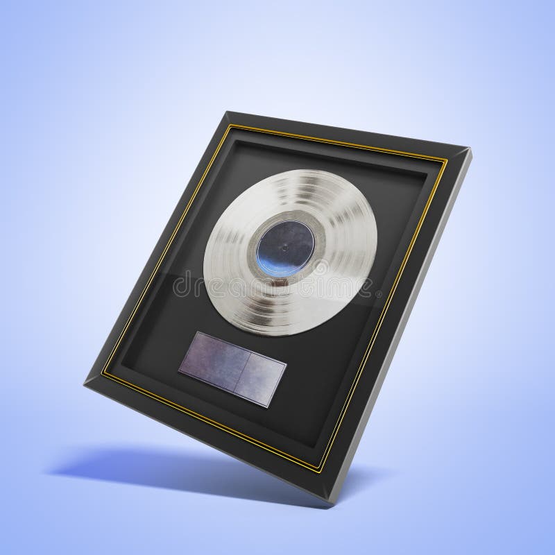 Silver CD Prize with Label in Frame on Wall 3d Render on Blue Stock ...