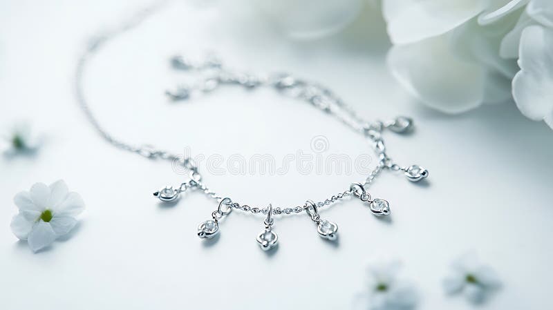 Silver Chain Necklace with a White Flower Design Stock Image - Image of ...