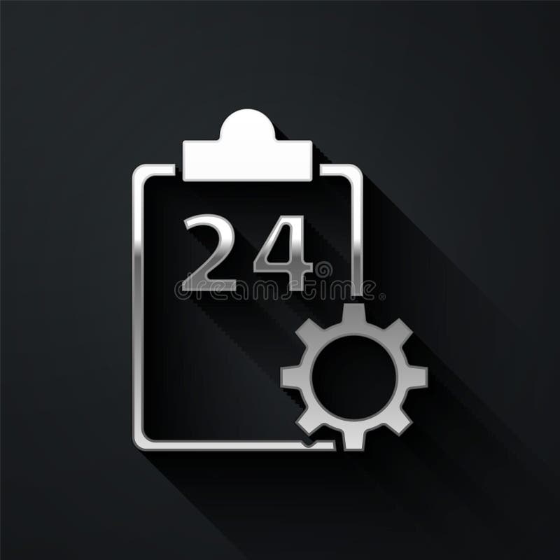 Silver Checklist Clipboard with 24 Hours Service Icon Isolated on Black ...