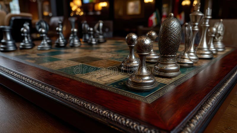 Silver Chess Pieces Standing on Antique Chessboard Representing Trade ...
