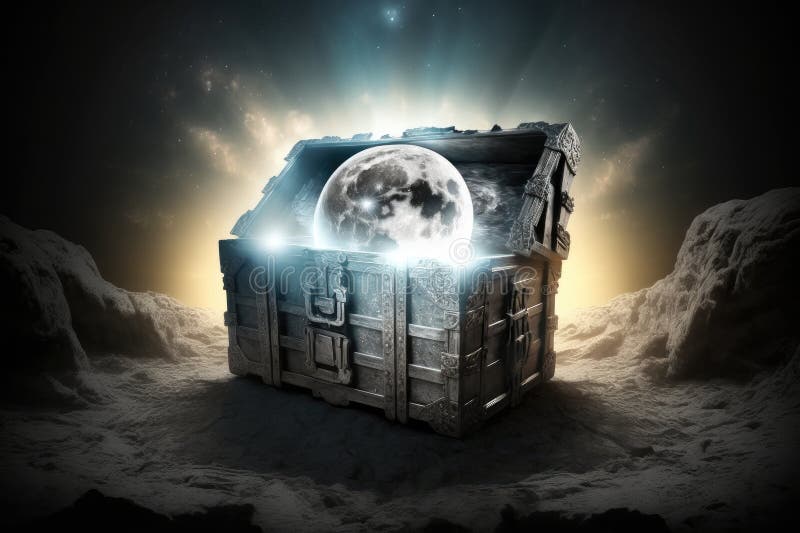 Silver Chest on the Moon with Bright Rays of Light Around Stock ...