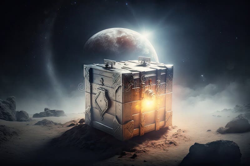 Silver Chest on the Moon with Bright Rays of Light Around Stock ...