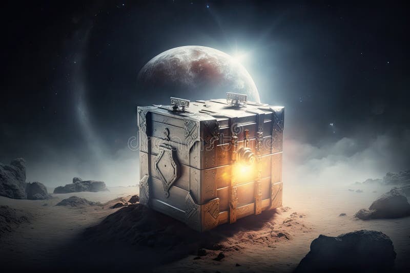 Silver Chest on the Moon with Bright Rays of Light Around Stock ...
