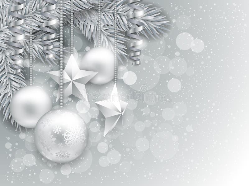 Silver Christmas Background with a Christmas Tree Branch, Balls and ...