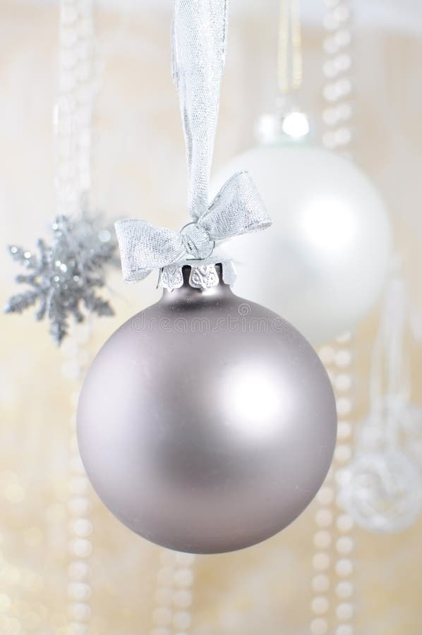 Silver Christmas Bauble on Ribbon Stock Image - Image of seasonal ...