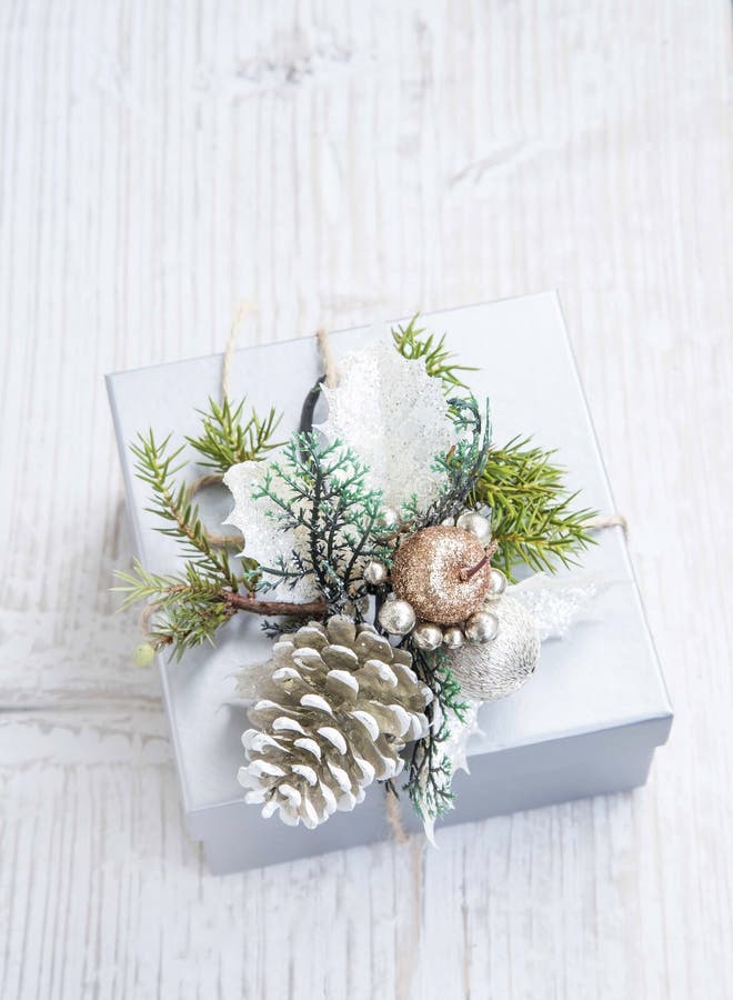 Silver Christmas Present with Ornaments Stock Image - Image of ...