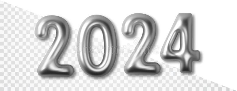 2024 Silver Chrome Numbers with Shadow Set Isolated on Transparent ...
