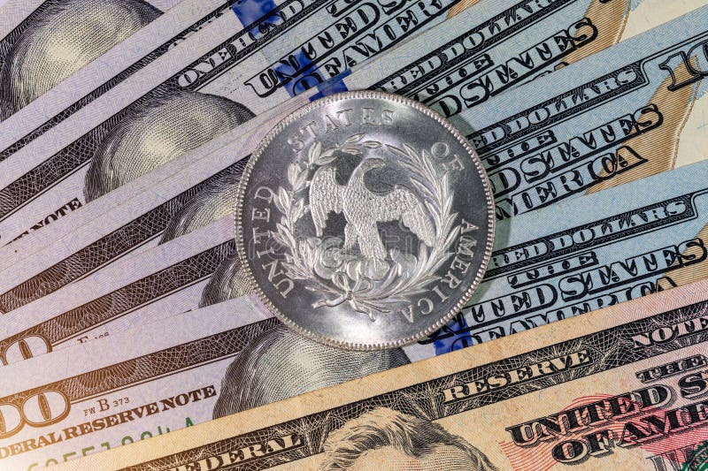 Silver Coin 1 Us Dollar Background Paper Banknotes Ounce Stock Photos ...
