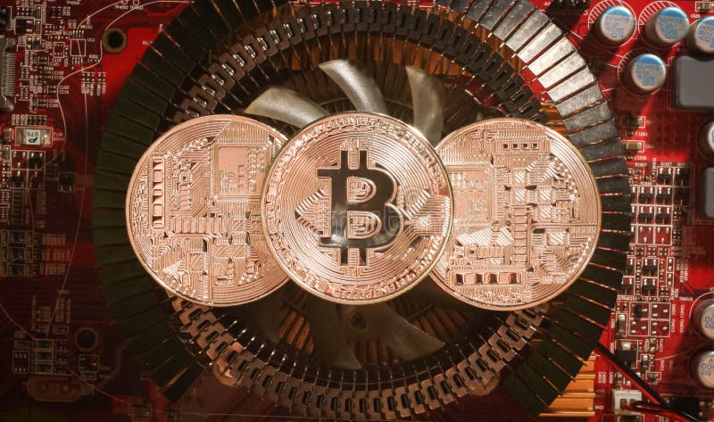 Silver Coins Bitcoin are on the Heatsink of the Video Card in the Red ...
