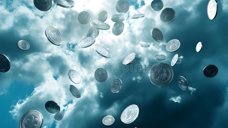 Silver Coins Falling through a Cloudy Sky Stock Illustration ...