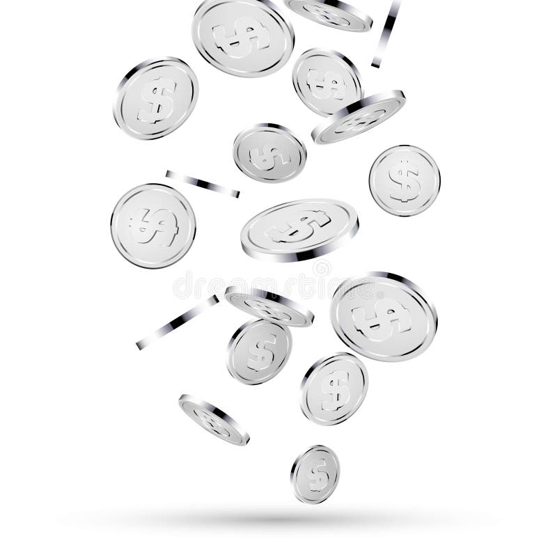 Silver Coins Falling on White. 3d Silver Money Isolated Coins ...