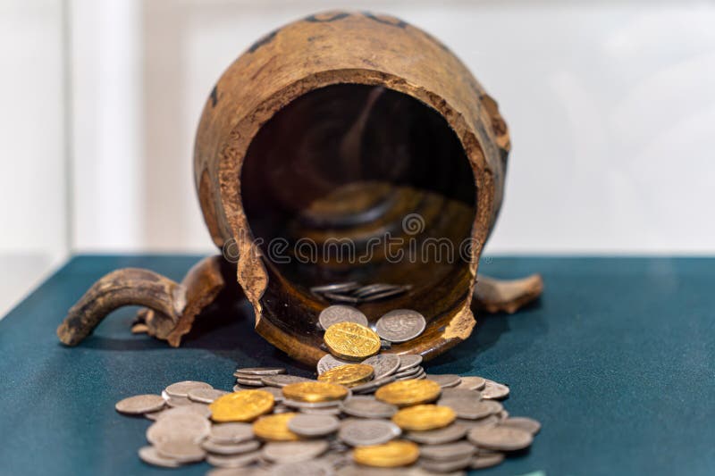 Silver Coins Poured Out of Clay Pot Stock Photo - Image of alloy ...