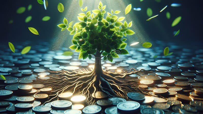 Silver Coins Scattered on the Ground, Trees Growing. Financial Growth ...