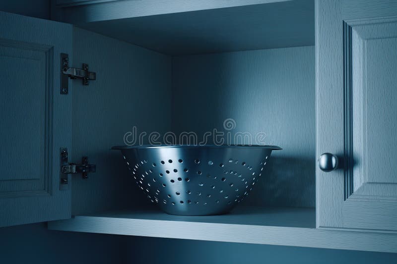 Kitchen Cabinet with Silver Colander Illuminated by Soft Blue Light at ...