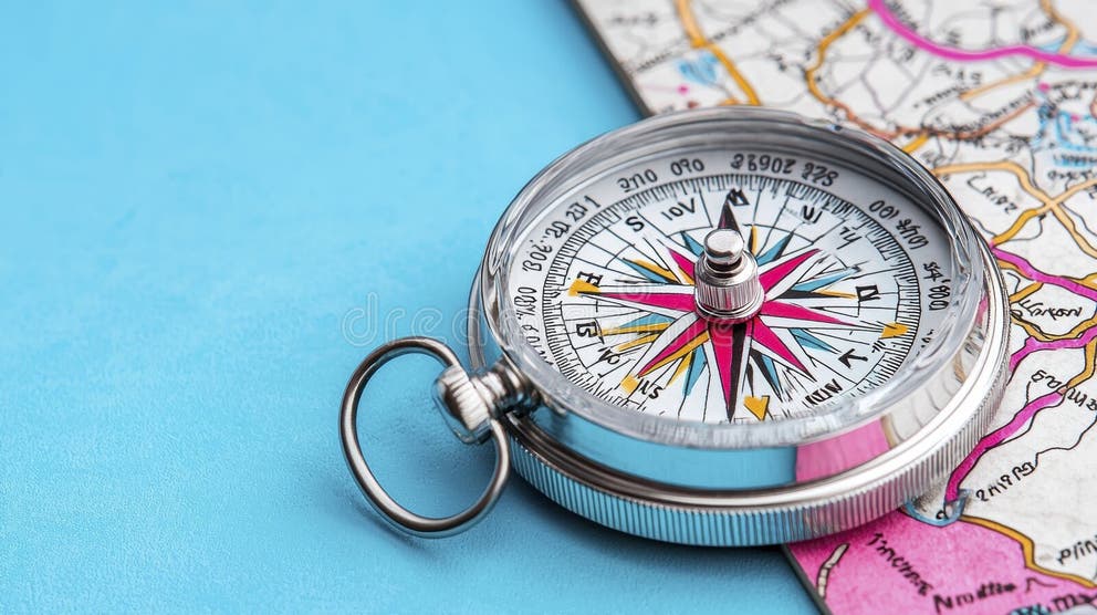 Silver Compass on Folded Map a Close Up View Stock Illustration ...
